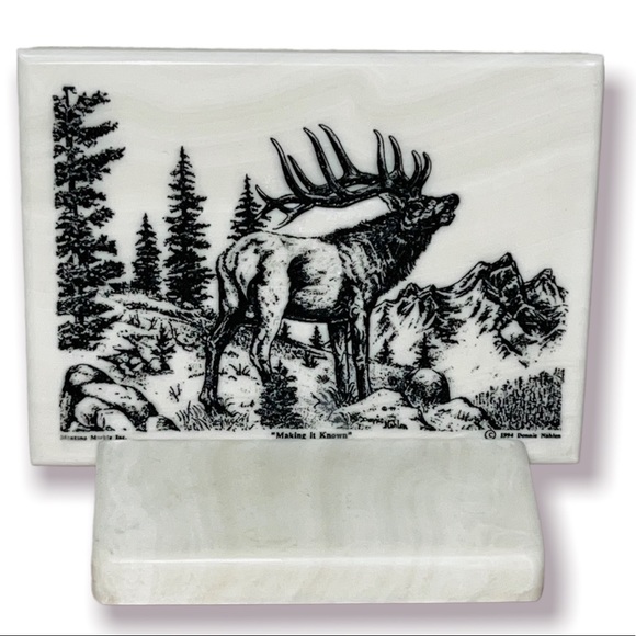 Art | Vintage White Marble Mountain Elk Etching Wilderness Scene Moose ...
